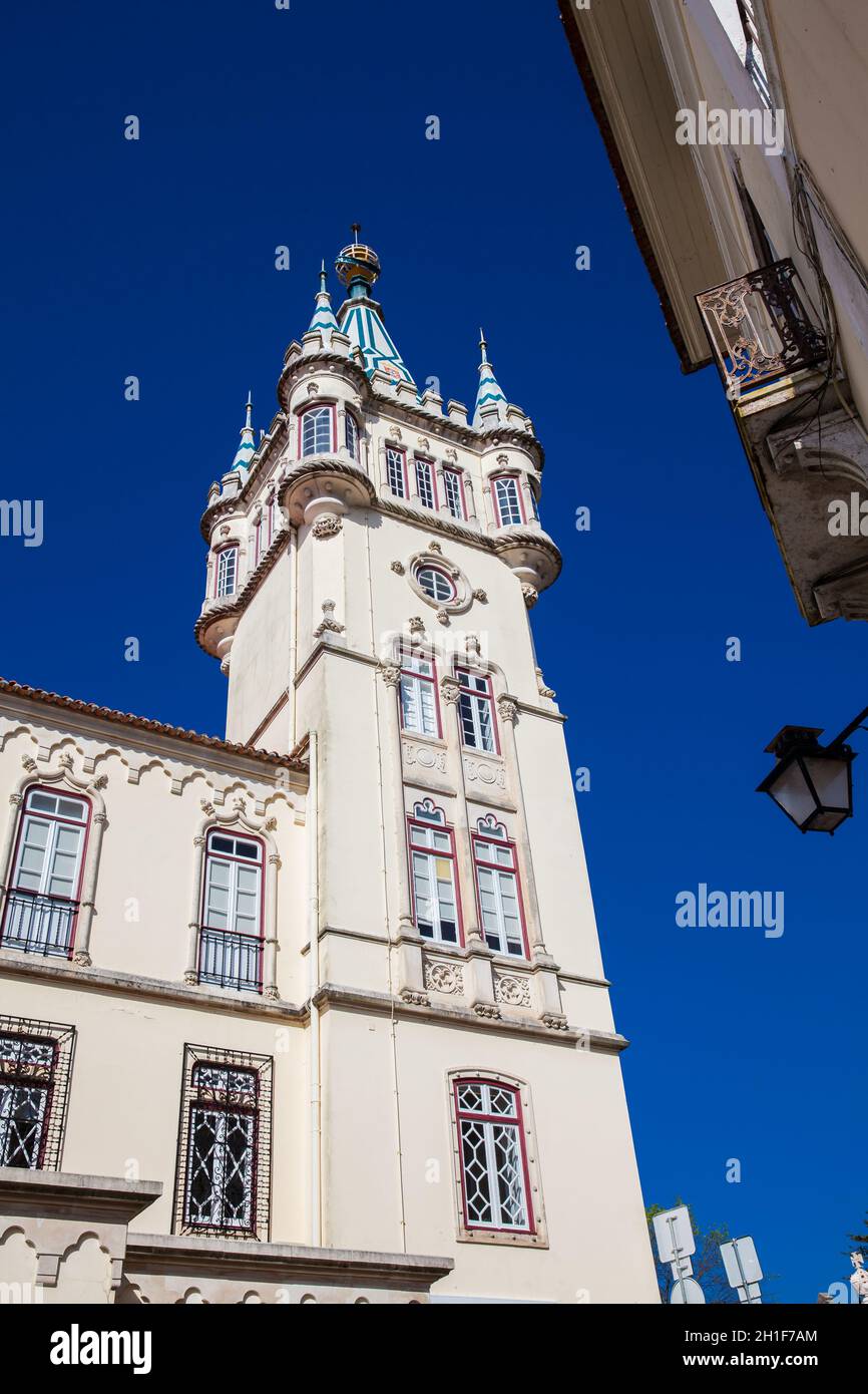 Tower of the Sintra Town Hall building against a beautiful blue sky ...