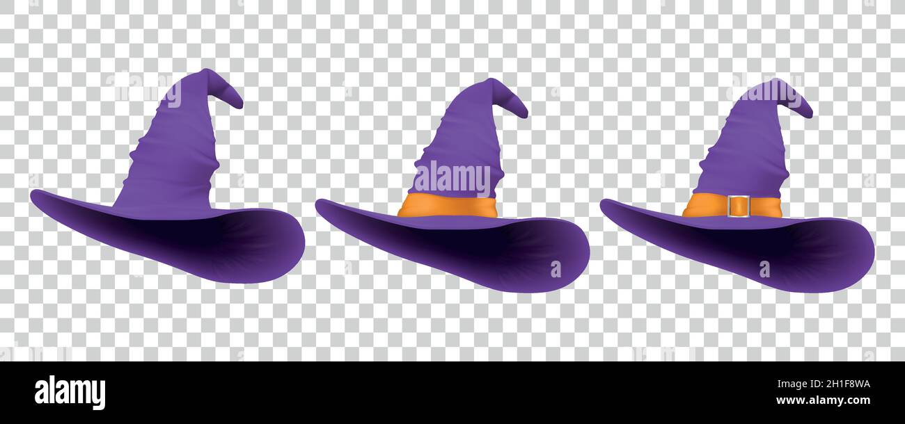 Three Purple Hats. Vector 3d Realistic Cartoon Halloween Witch Hat Icon ...