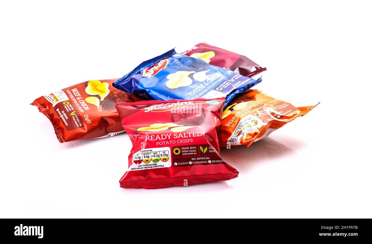 SWINDON, UK - OCTOBER 27 2018: Packets of Snackrite potato crisps on a ...