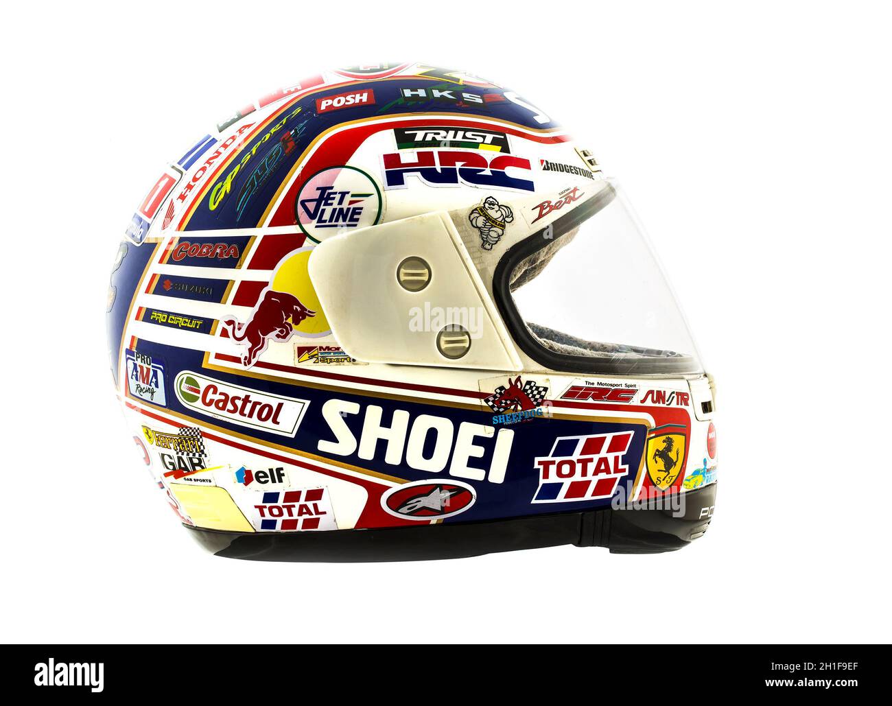SWINDON, UK - MAY 4, 2014: Worn SHOEI Motosport Crash Helmet with ...