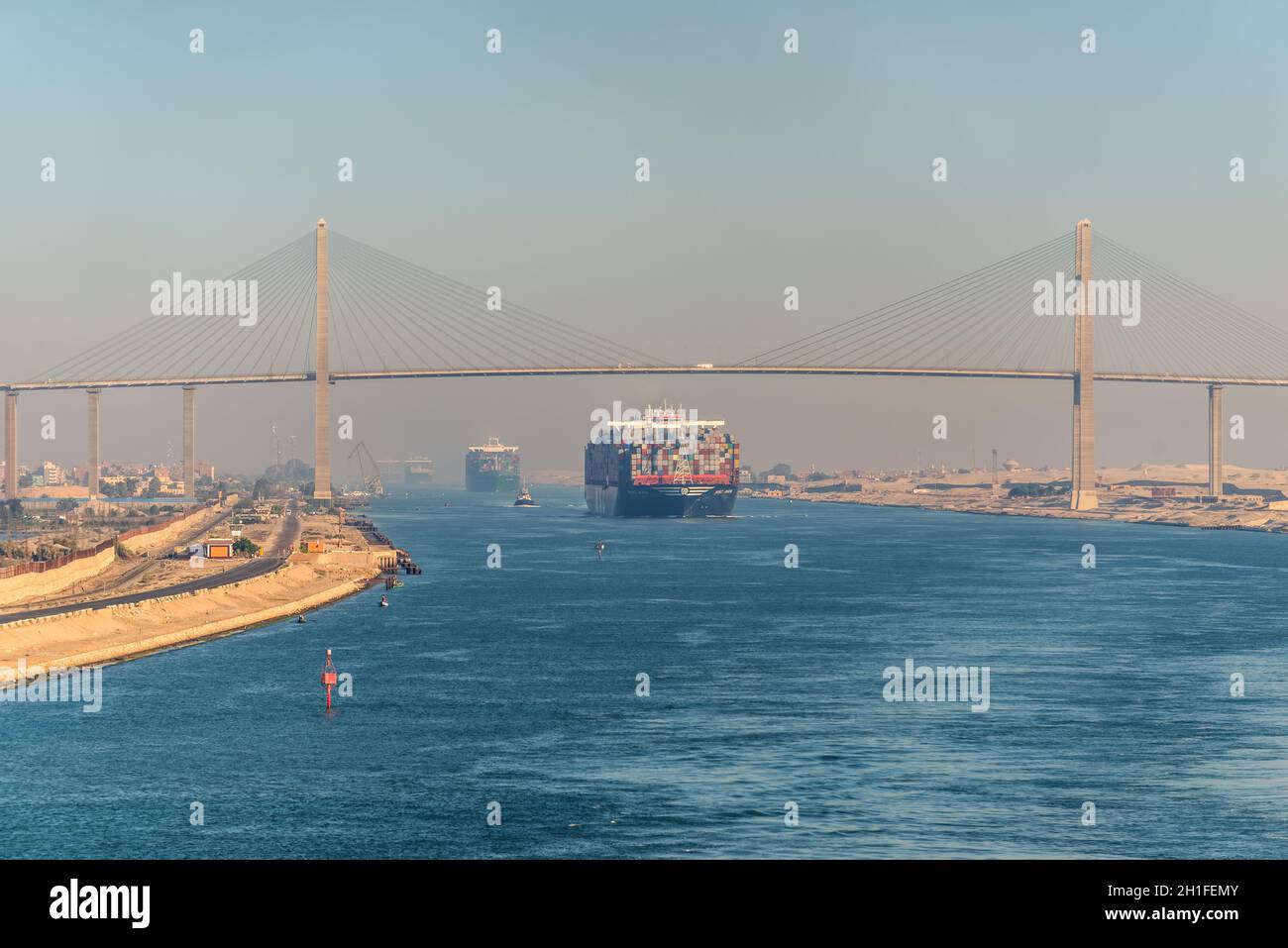 El Qantara, Egypt - November 5, 2017: Container vessel ships passing ...