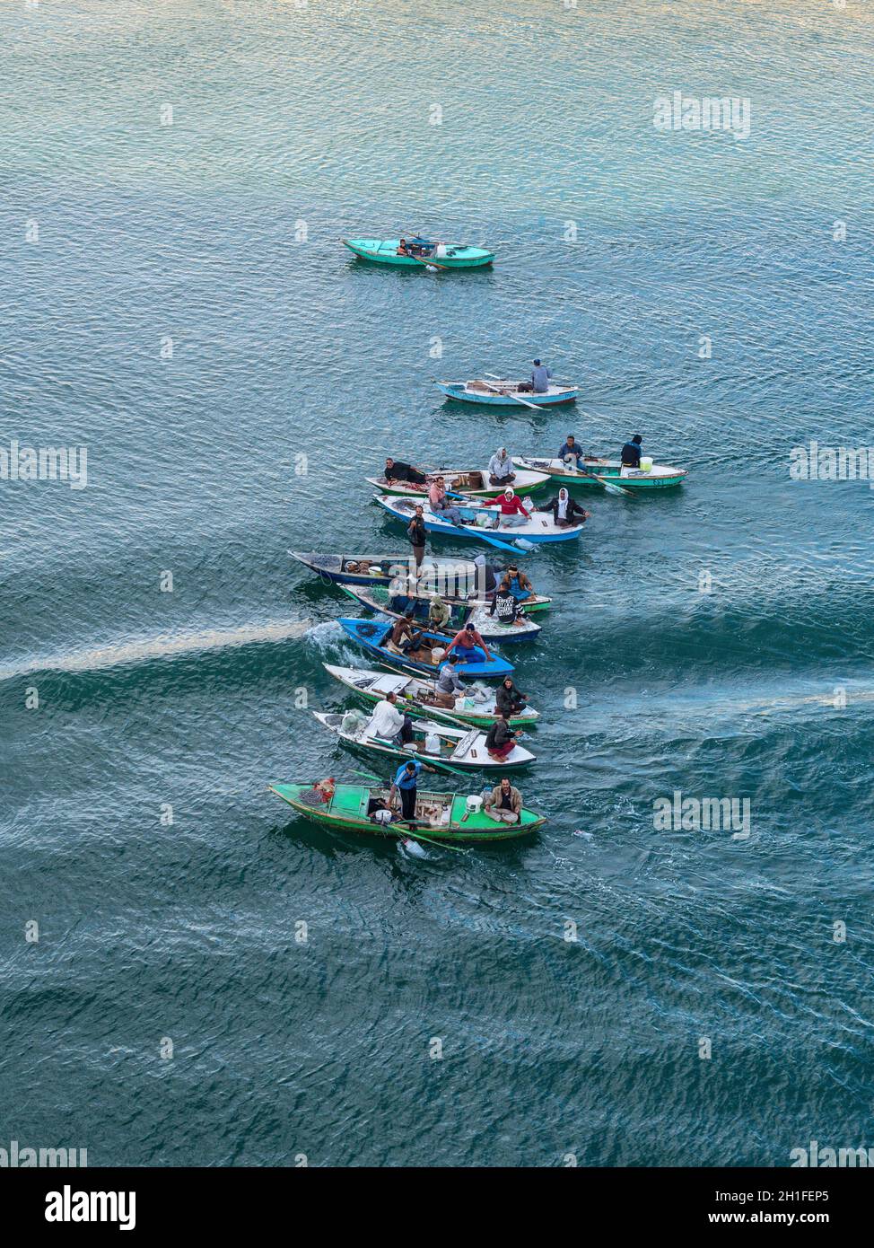 El Qantara, Egypt - November 5, 2017: Fishermen in wooden boats on the ...