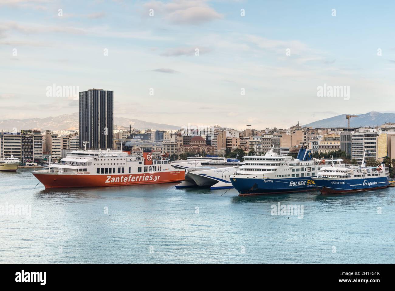 Piraeus, Greece - November 1, 2017: Passenger ferrys docked at the port ...