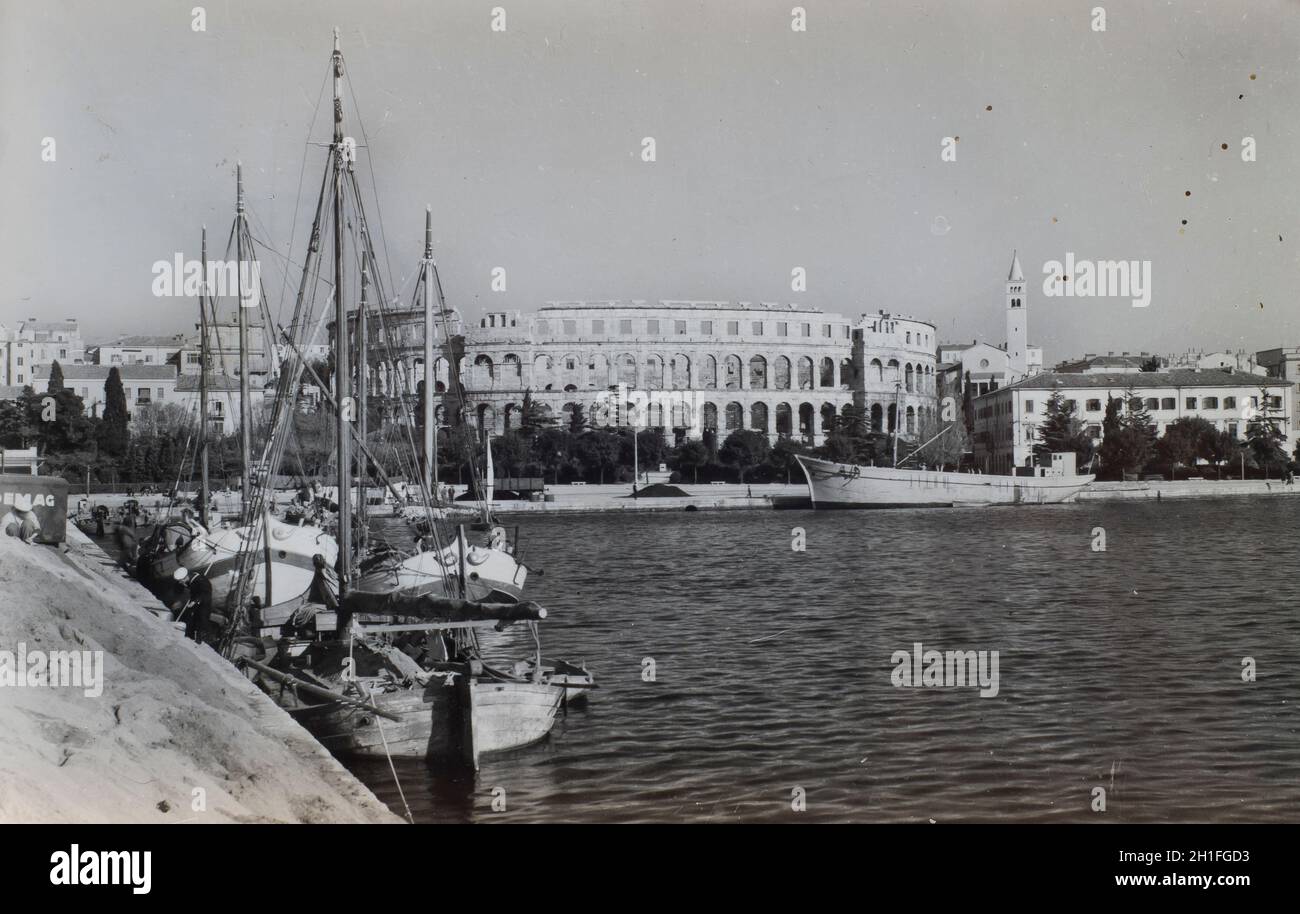 Panoramic view of the port of Pula, Croatia in an old illustrated ...