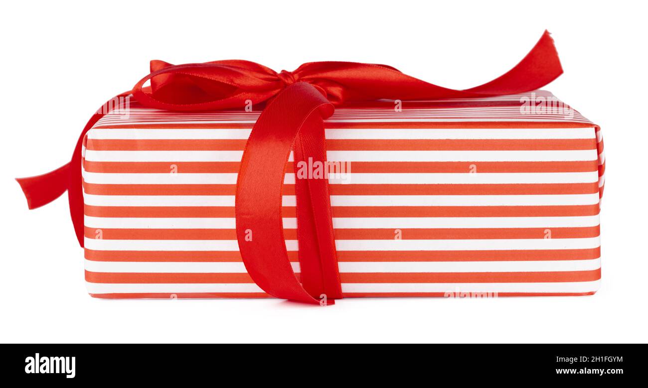 Christmas gift box with red ribbon isolated on white background Stock ...