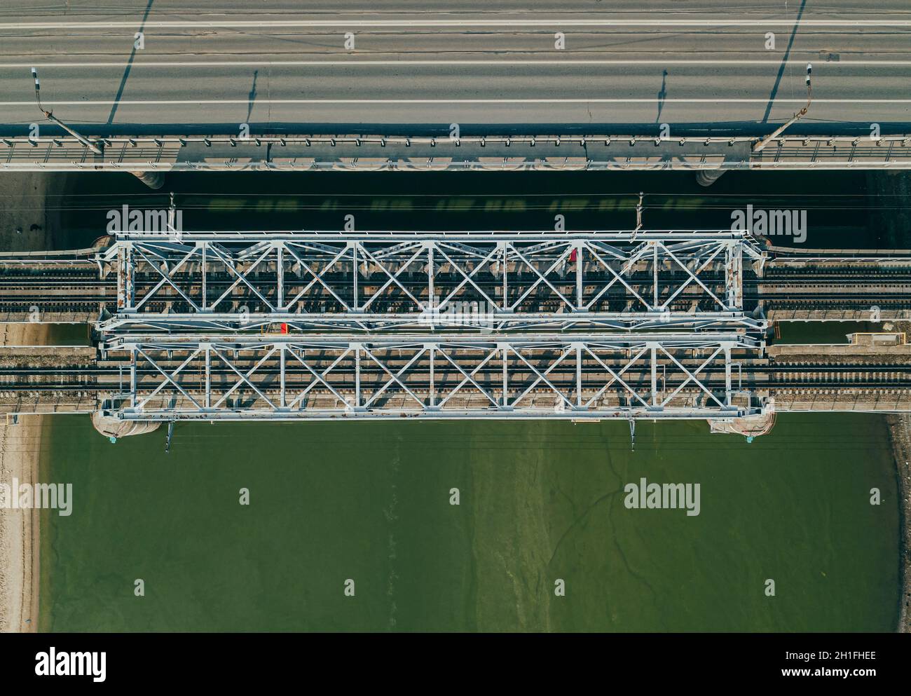 Railroad bridge and road bridge in parallel. Top view. Kazan, Russia ...