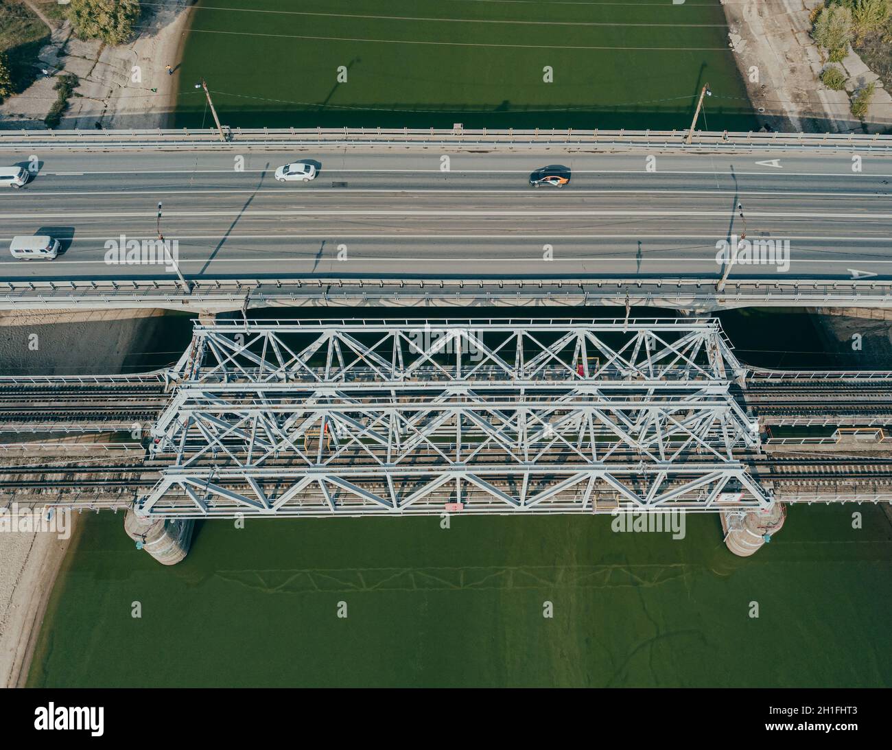 Railroad bridge and road bridge in parallel. Top view. Kazan, Russia ...