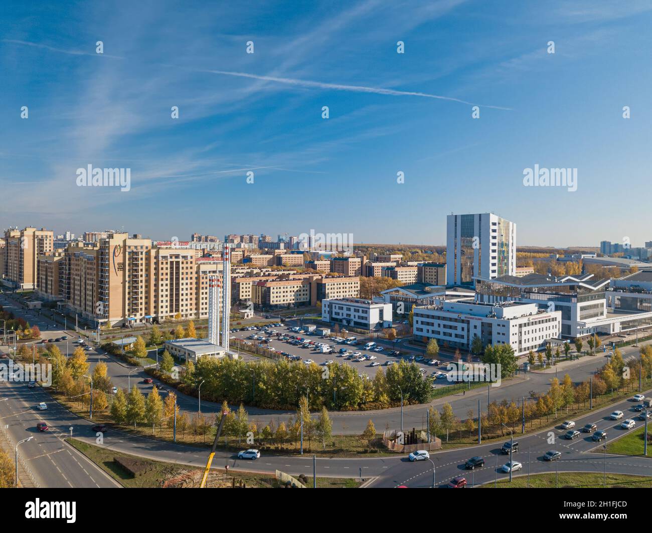 Kazan, Russia. 17 October 2021. A top view of the Universiade Village ...