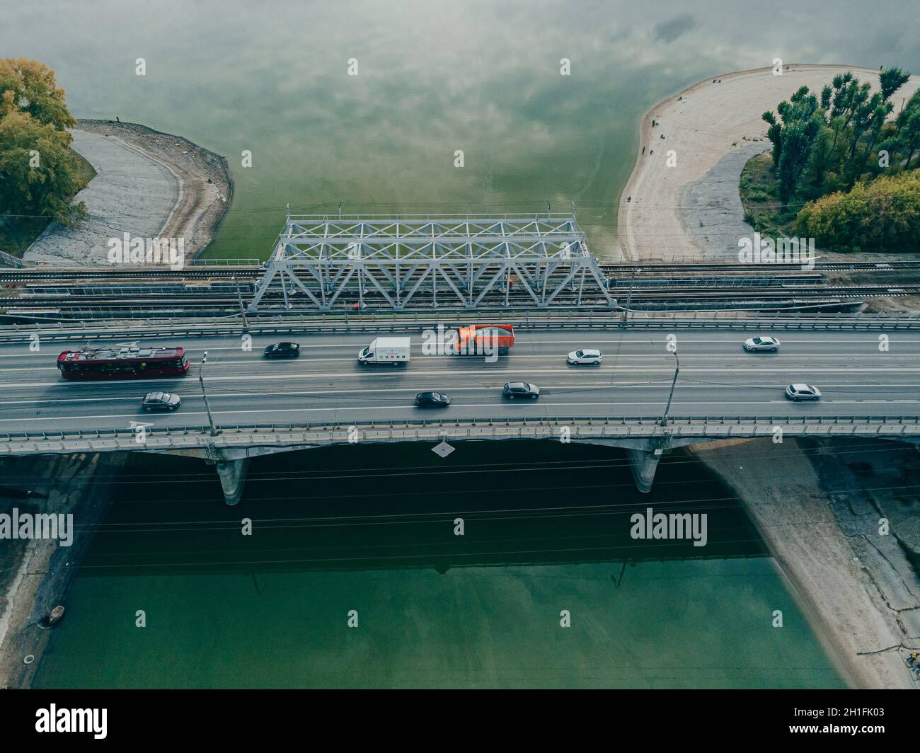 Railroad bridge and road bridge in parallel. Top view. Kazan, Russia ...