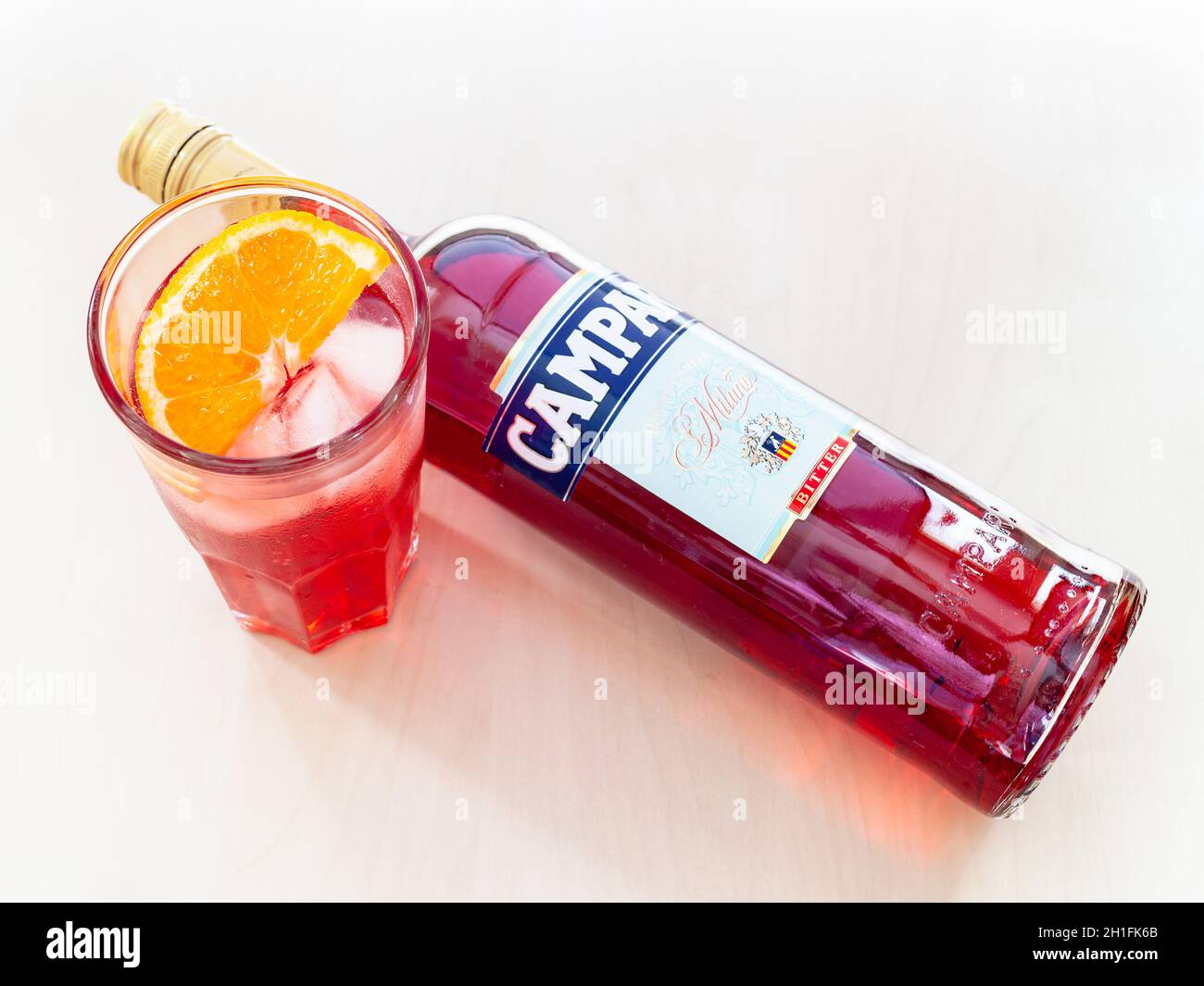 MOSCOW, RUSSIA - JUNE 4, 2020: above view of glass with cocktail and ...