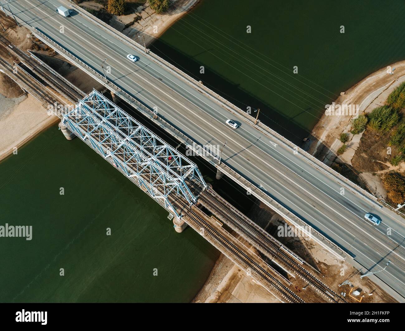 Railroad bridge and road bridge in parallel. Top view. Kazan, Russia ...