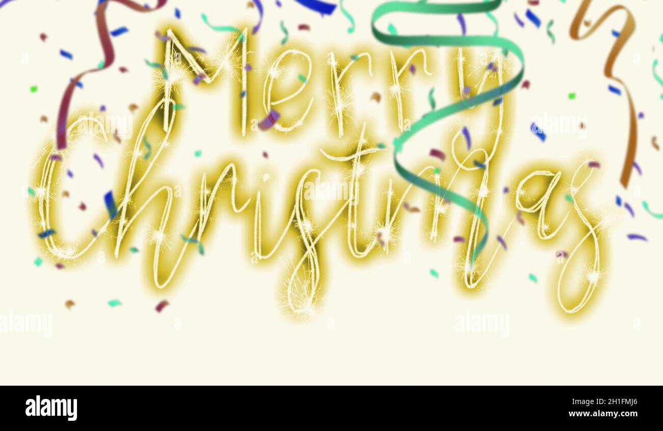 Shiny glowing "Merry Christmas" text with festive confetti on white ...
