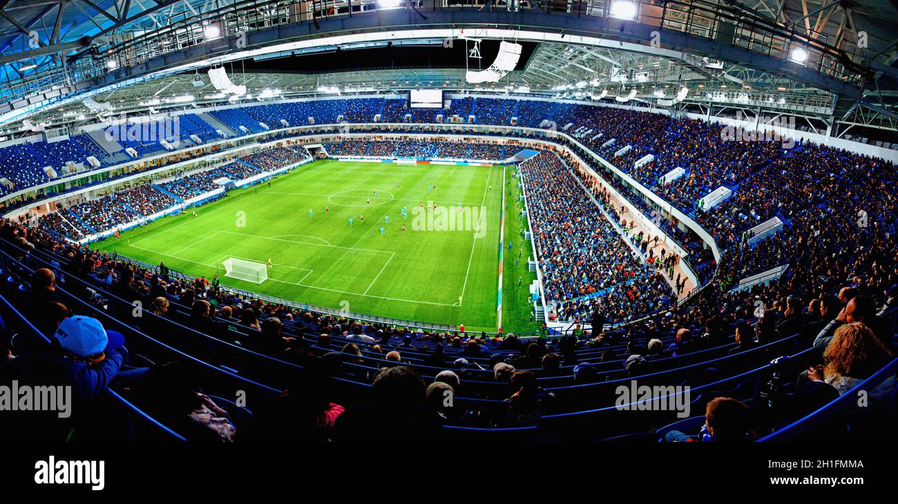 Football stadium, shiny lights, view from field. Soccer concept Stock ...