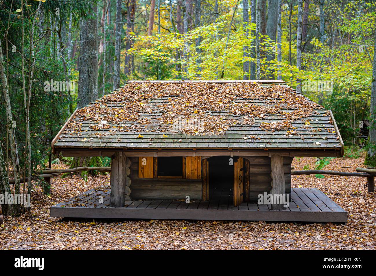 little mystic wooden log house in the autumn forest, Tervete, Latvia ...