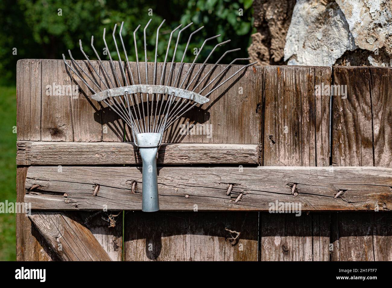 small iron rake hanging on the barn door. High quality photo Stock ...