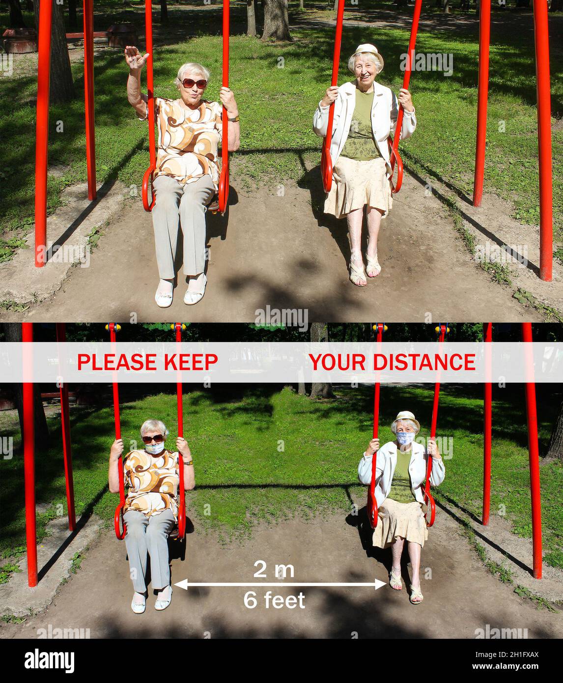 The senior funny women in social distancing sitting at park. The Covid ...