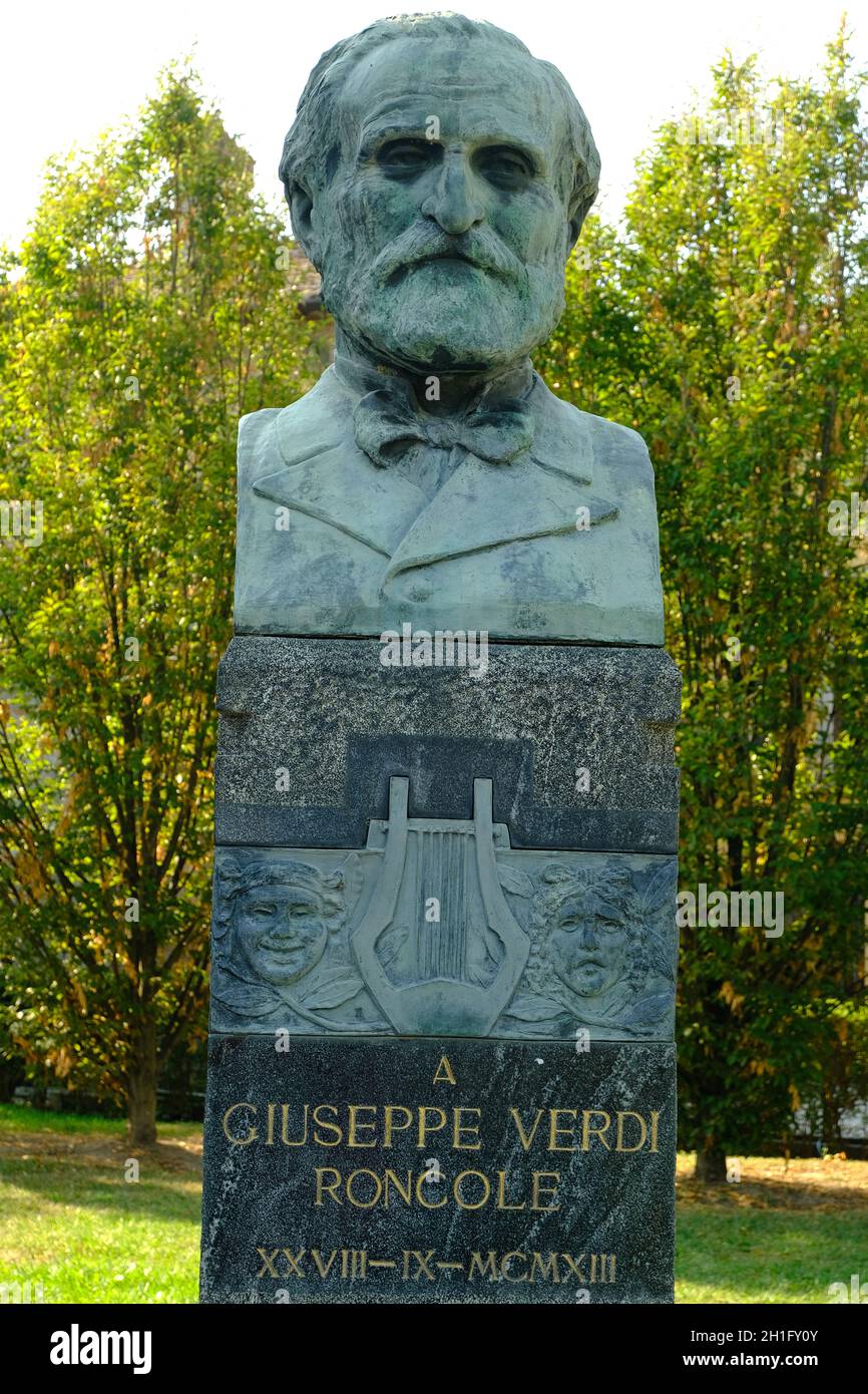 Busseto, Parma, Italy. About 09/2021. Giuseppe Verdi, bronze bust of ...