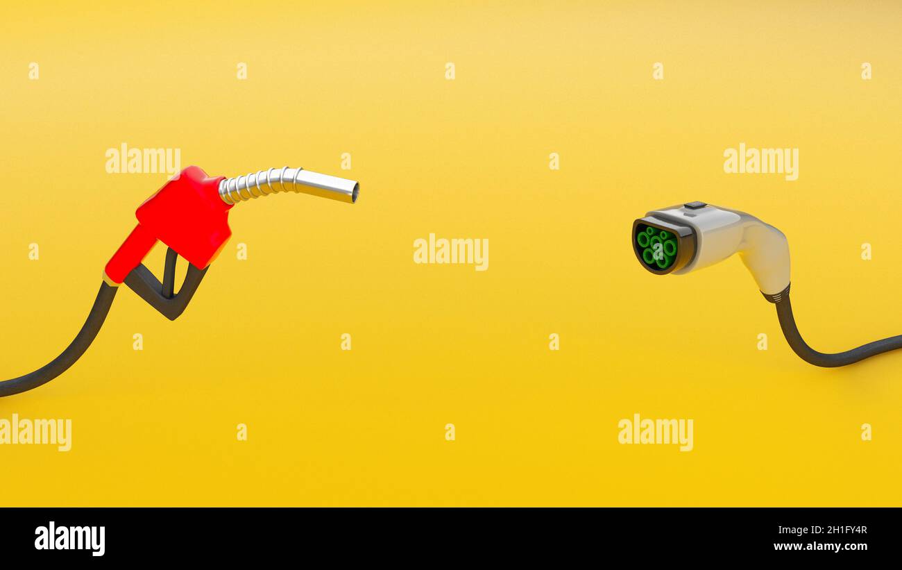 Fuel pump and plug for charging electric car on a yellow background ...