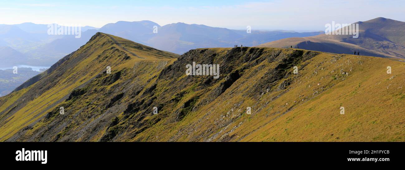 Walkers on the summit ridge of Blencathra fell, Lake District National ...