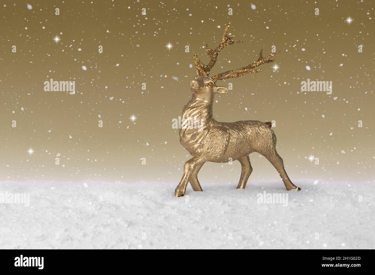 Snow falling on a gold Christmas Reindeer Stock Photo - Alamy