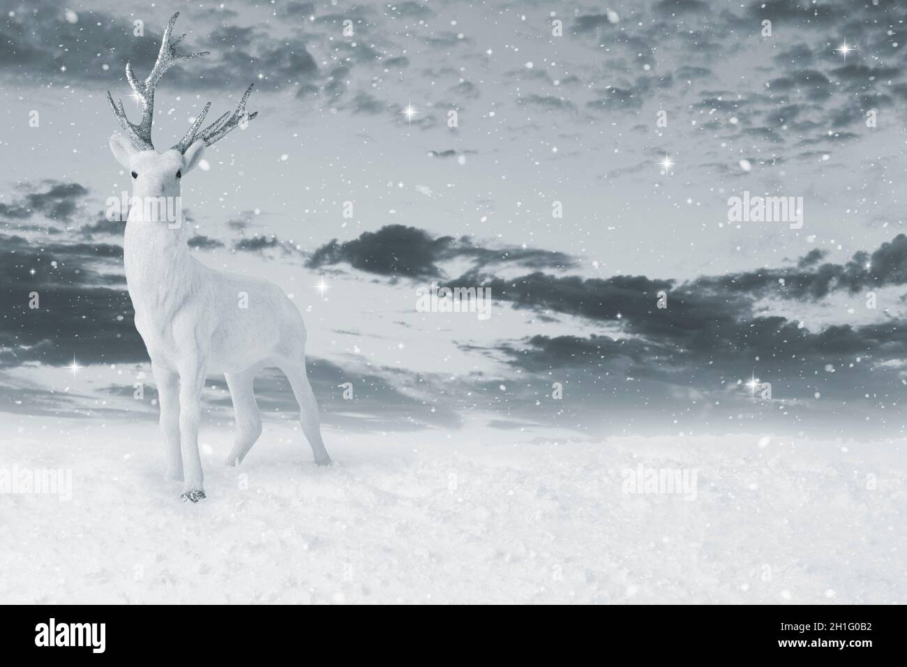 Snow falling on a White Christmas Reindeer Stock Photo - Alamy