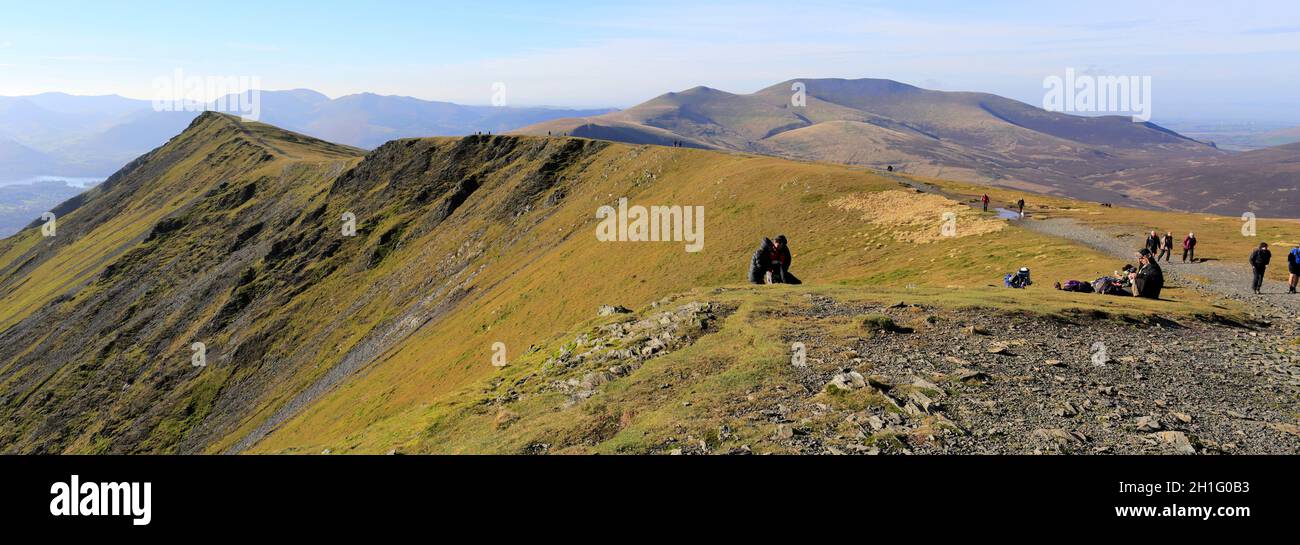 Walkers on the summit ridge of Blencathra fell, Lake District National ...