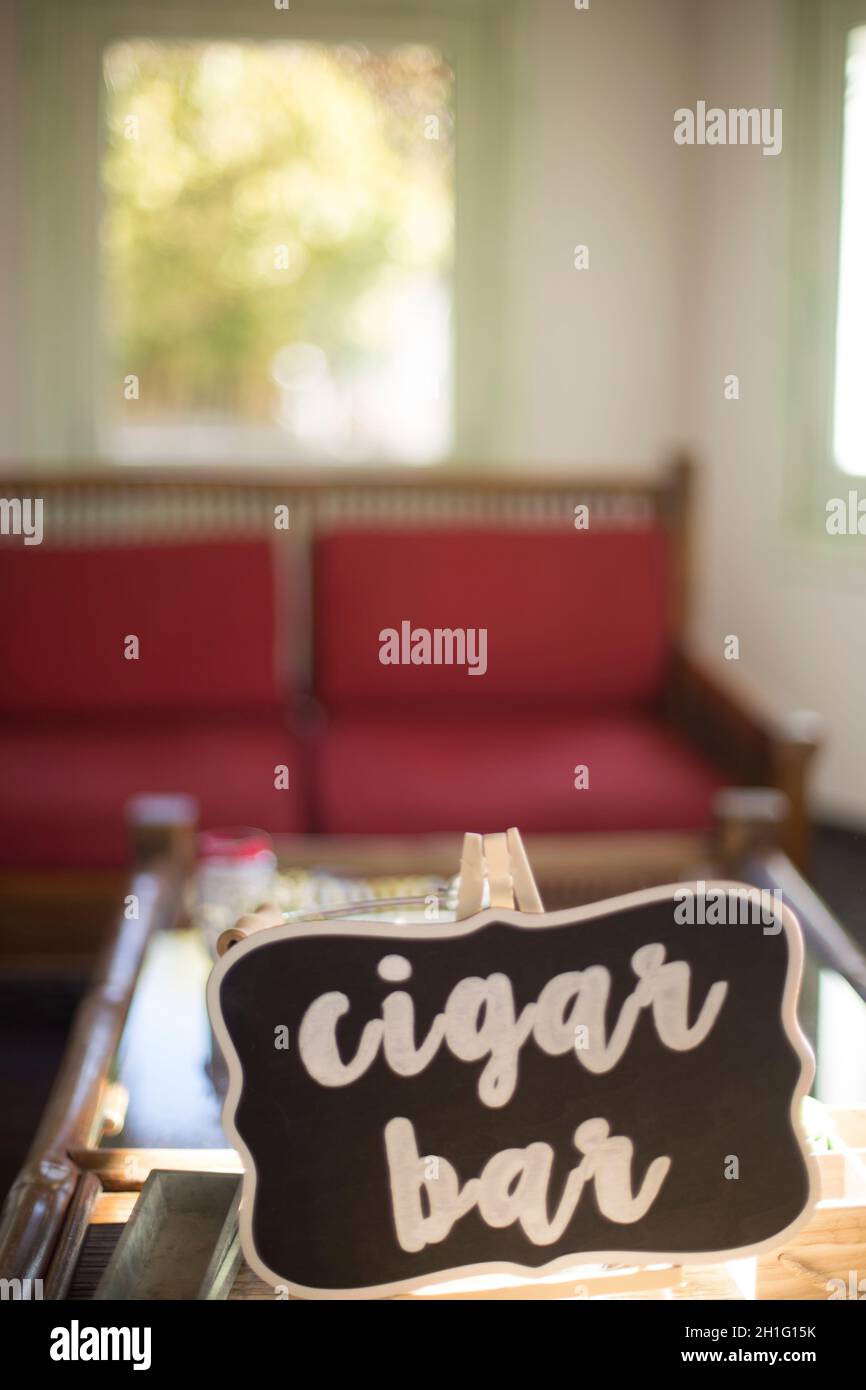 Cigar bar wedding reception party table sign Stock Photo - Alamy