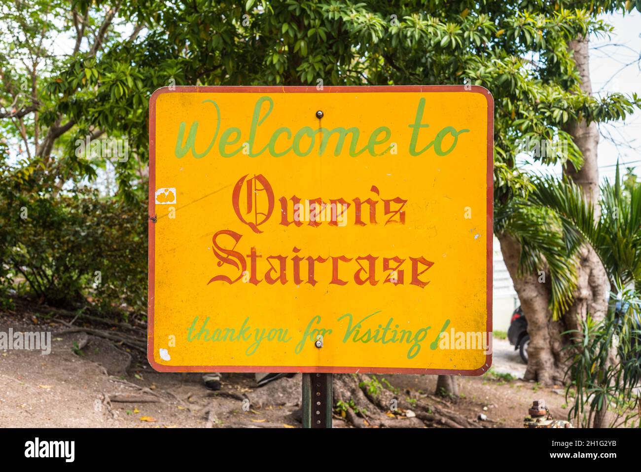 Nassau, Bahamas - May 3, 2019: Welcome to Queen's Staircase sign. The ...