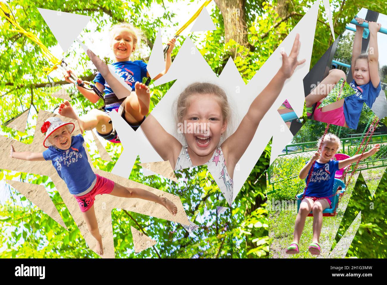 Collage about happy summer. Laughing cute girl portrait. Little girl smiling at summer Stock ...