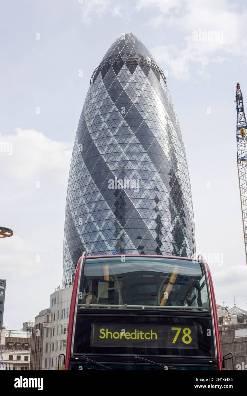 number 78 bus to shoreditch with the gherkin skyscraper in background ...