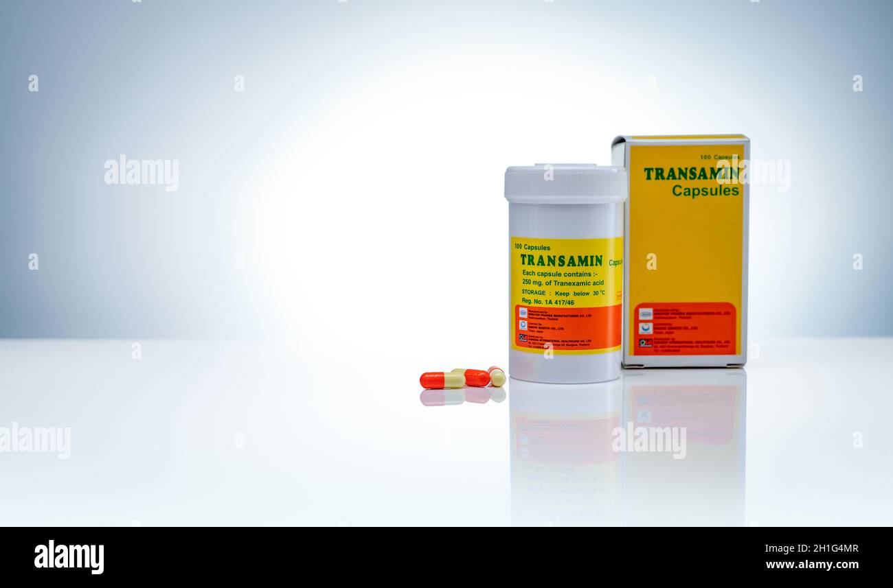 CHONBURI, THAILAND-MAY 24, 2020 : Transamin capsules with drug bottle ...