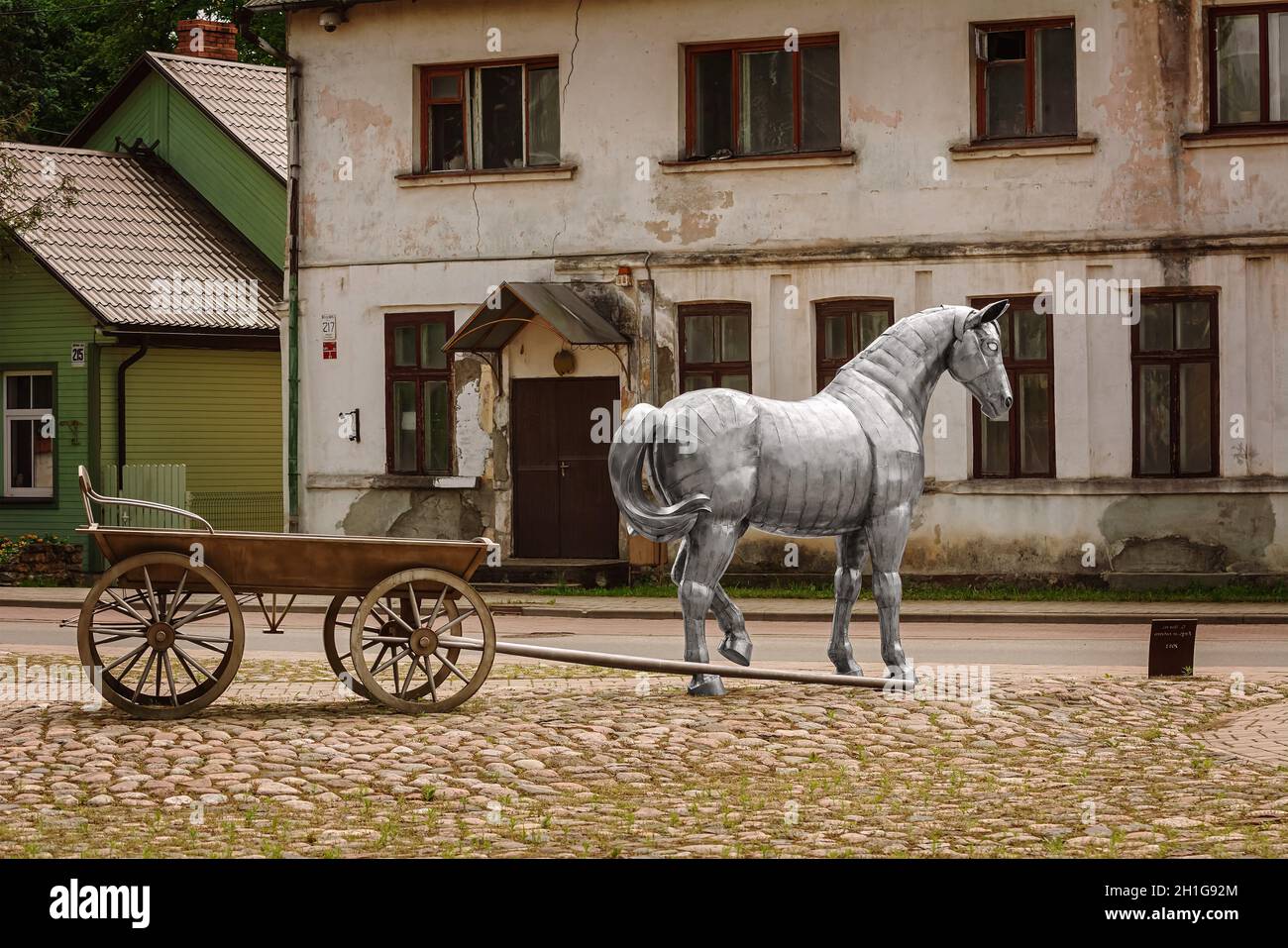 Jekabpils, Latvia - June 16, 2020: Sculpture "Horse with a carriage ...
