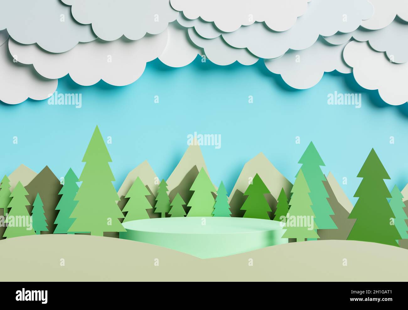 3d landscape with mountains and pine trees in flat design and a ...