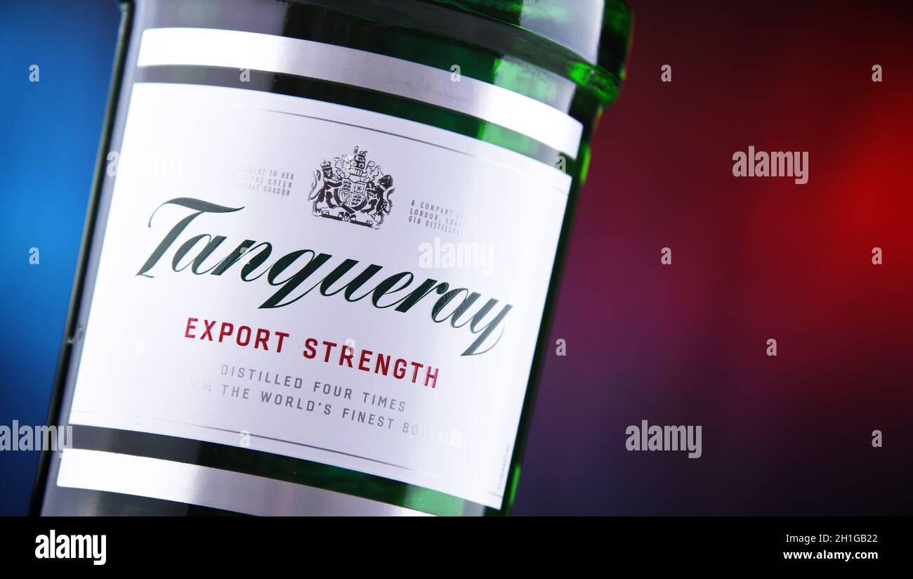 POZNAN, POL - JUN 26, 2020: Bottle of Tanqueray, a brand of gin ...