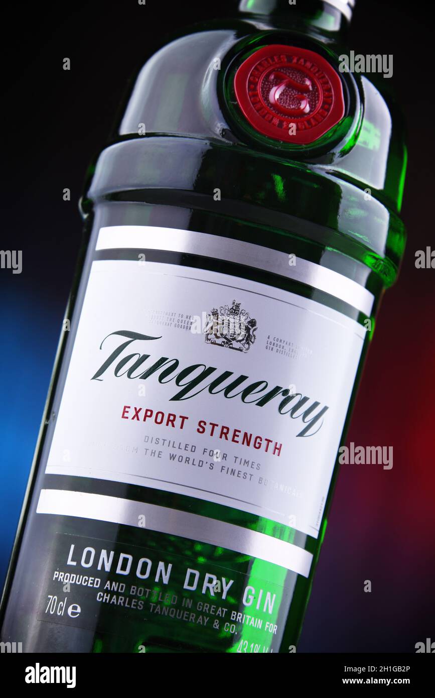 POZNAN, POL - JUN 26, 2020: Bottle of Tanqueray, a brand of gin ...