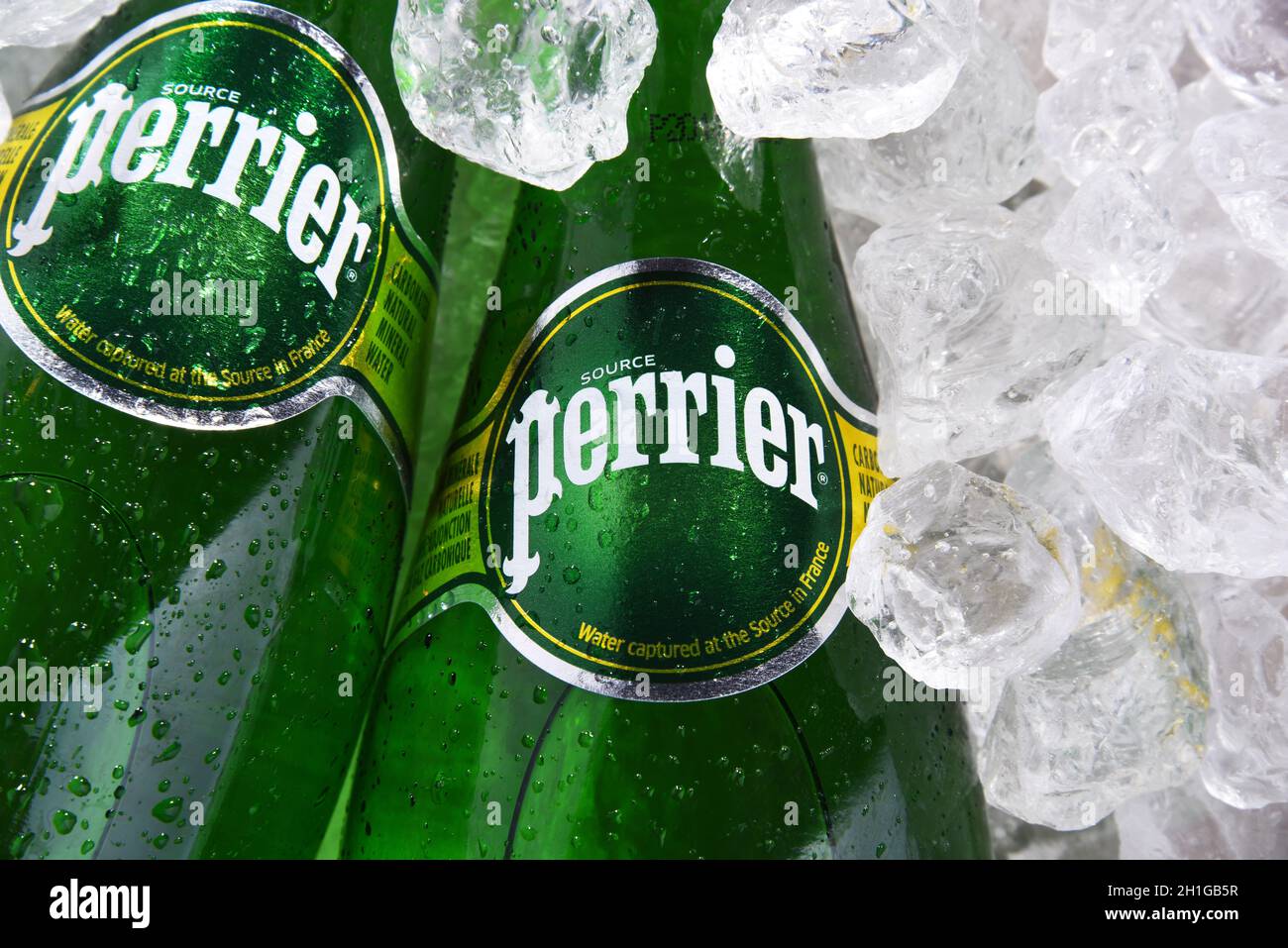 POZNAN, POL - JUN 18, 2020: Bottles of Perrier, a French brand of ...