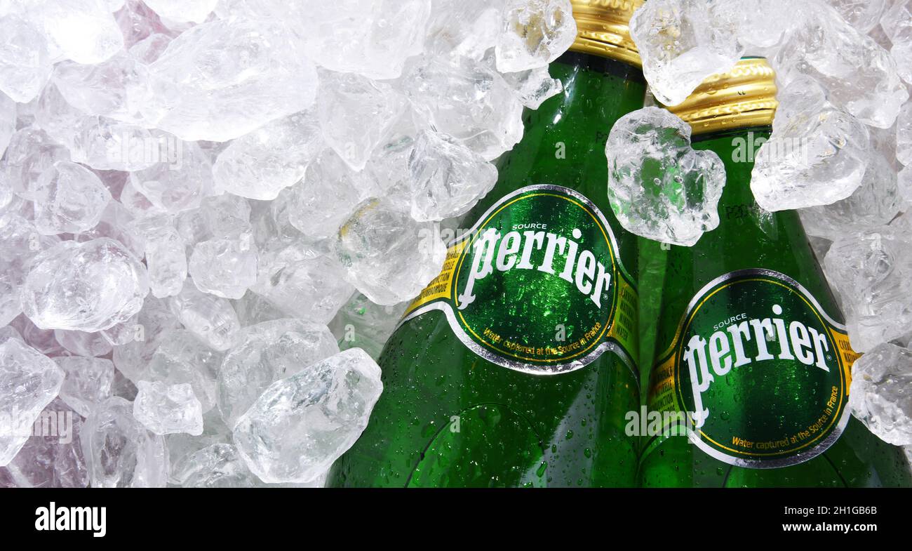 POZNAN, POL - JUN 18, 2020: Bottles of Perrier, a French brand of ...