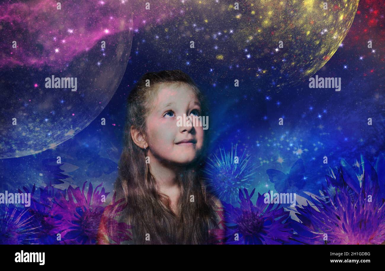 Childhood and dream concept. Conceptual image with girl dreaming about ...