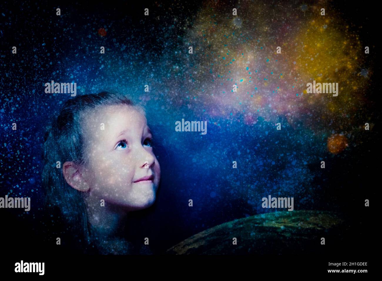 Childhood and dream concept. Conceptual image with girl dreaming about ...