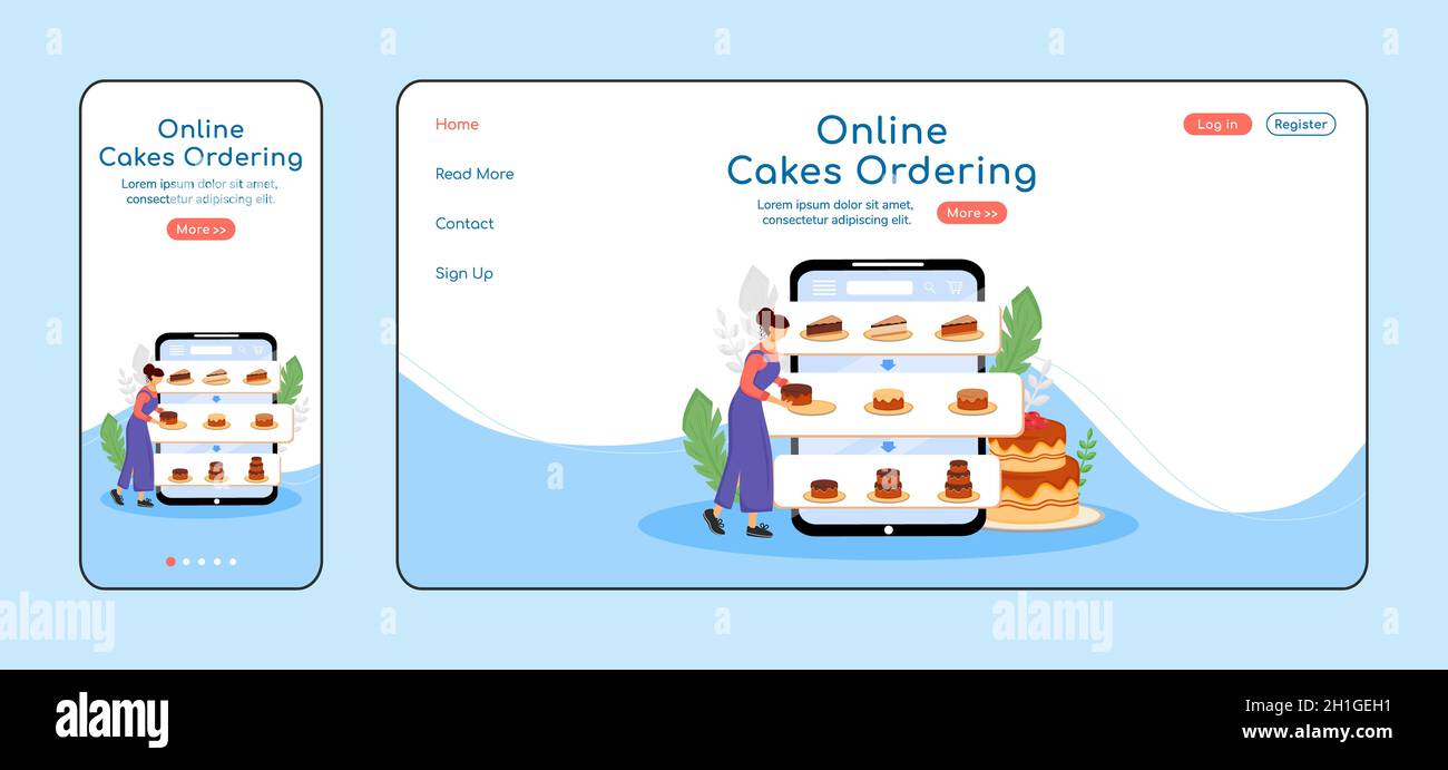 Online cakes ordering adaptive landing page flat color vector template ...