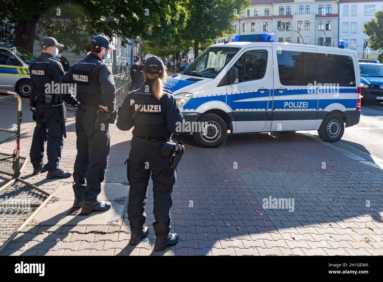 Germany, Saxony-Anhalt, Magdeburg, 22 July 2020: A police escort brings ...