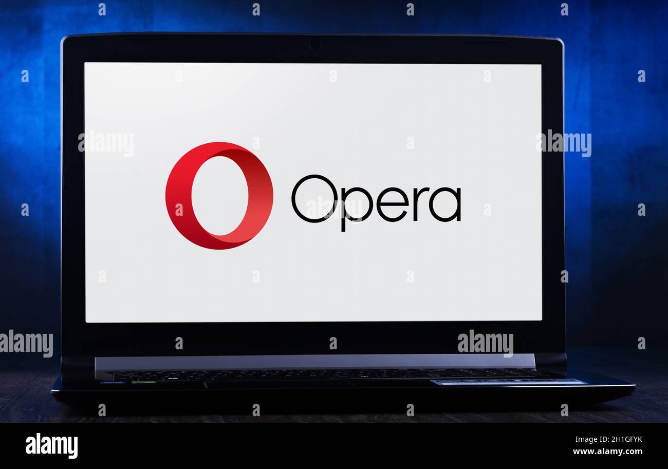 POZNAN, POL - MAY 15, 2020: Laptop computer displaying logo of Opera, a ...