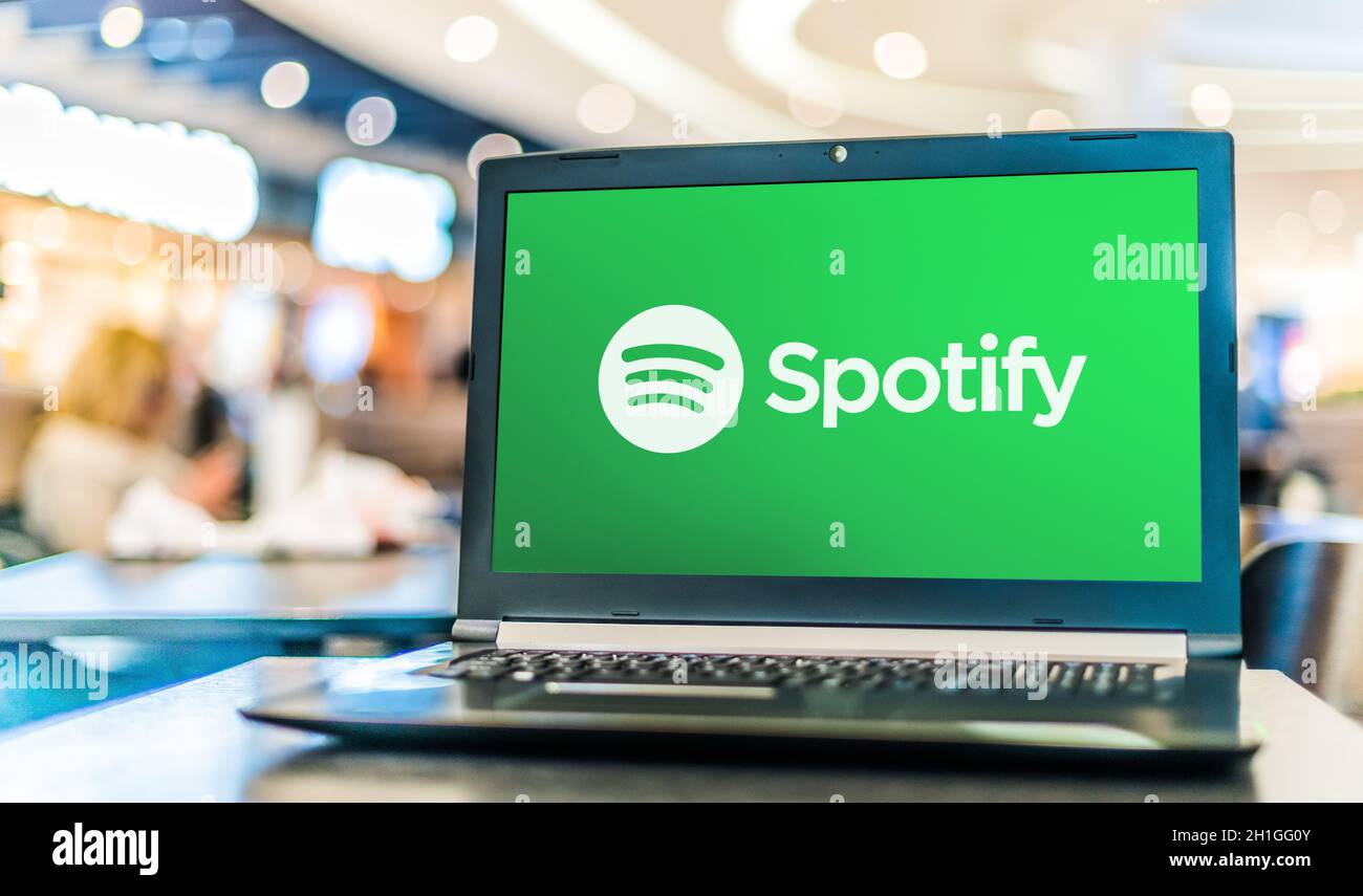 POZNAN, POL - APR 28, 2020: Laptop computer displaying logo of Spotify ...