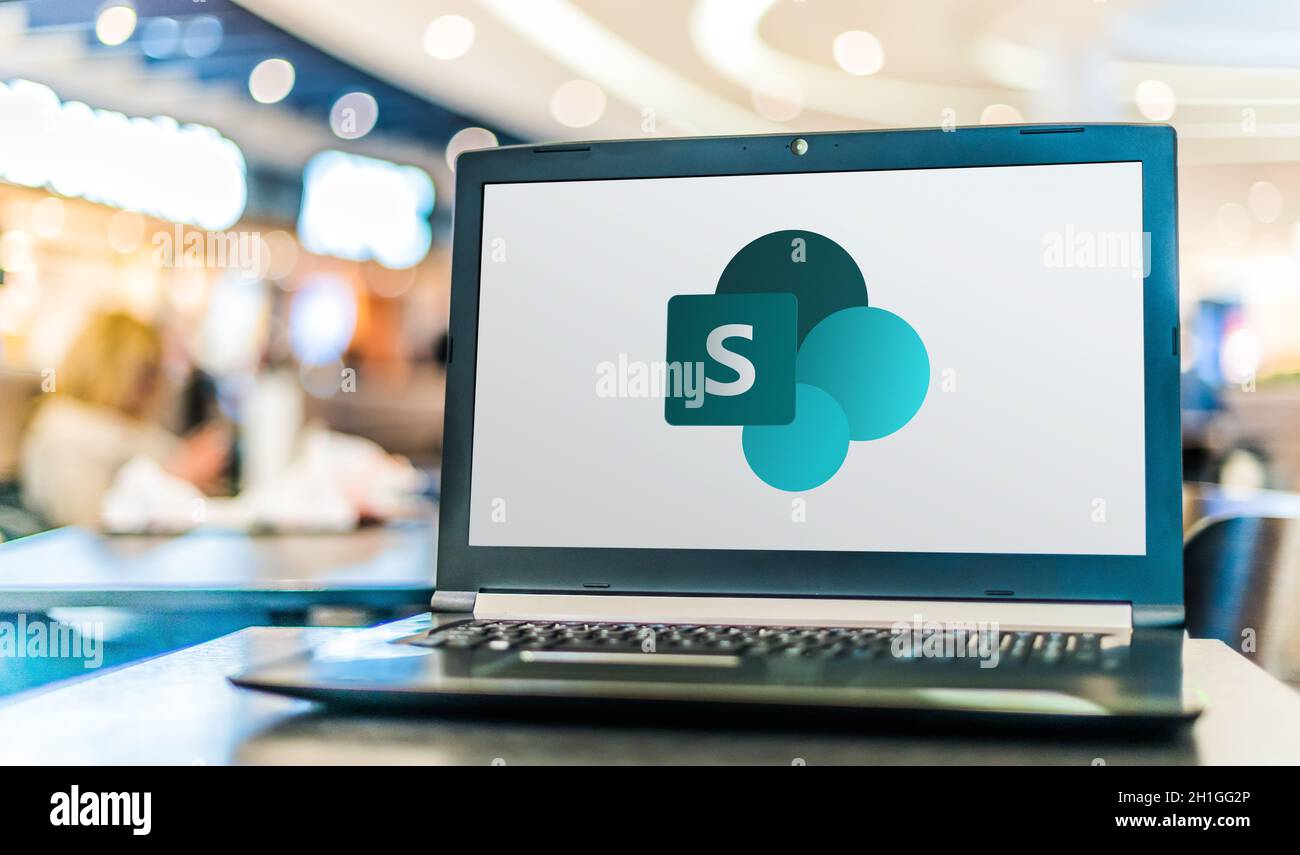 POZNAN, POL - APR 28, 2020: Laptop computer displaying logo of ...