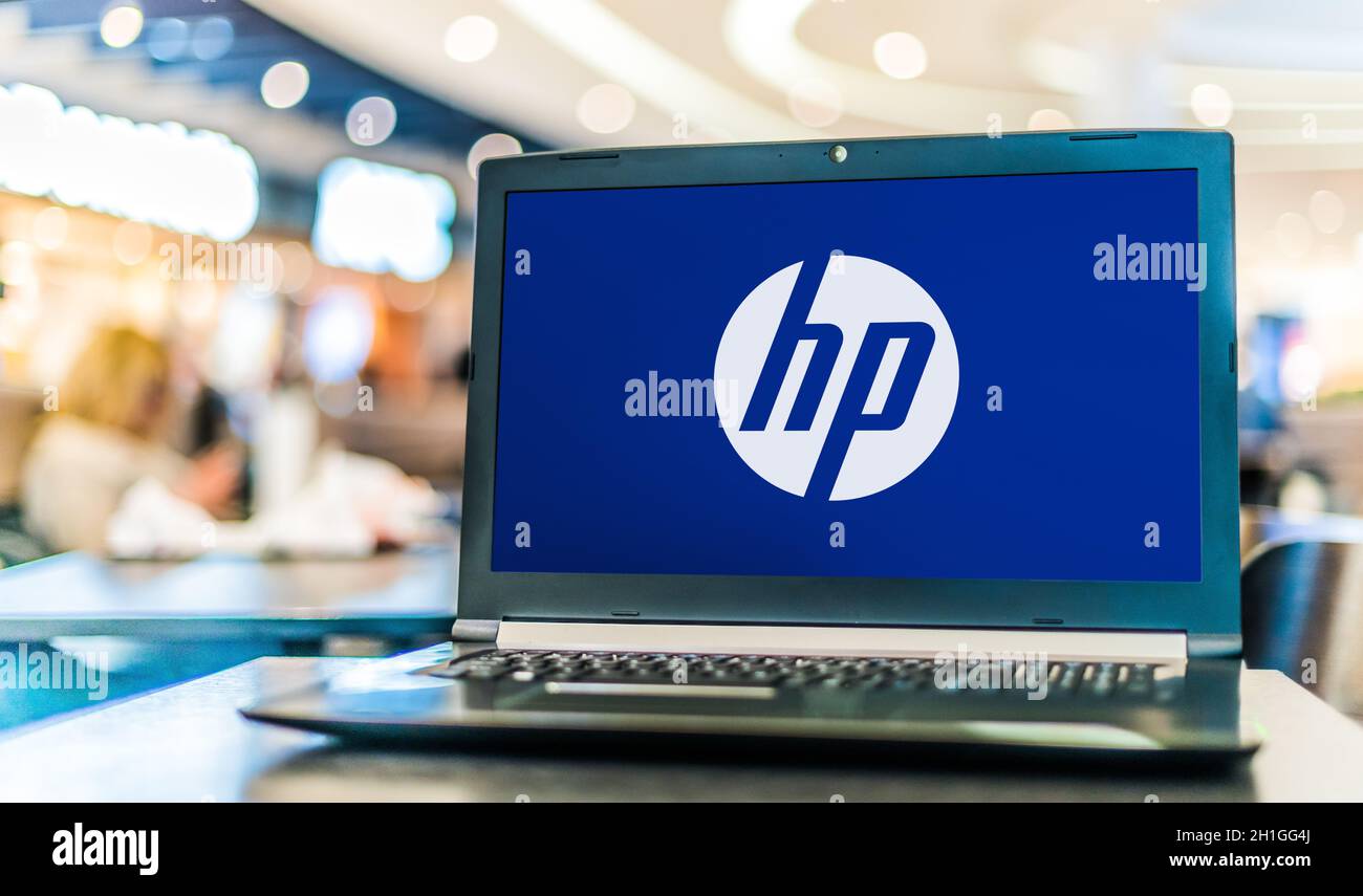 POZNAN, POL - APR 28, 2020: Laptop computer displaying logo of HP, a ...