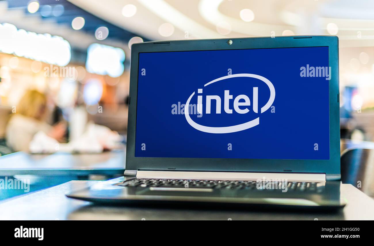 POZNAN, POL - APR 28, 2020: Laptop computer displaying logo of Intel ...