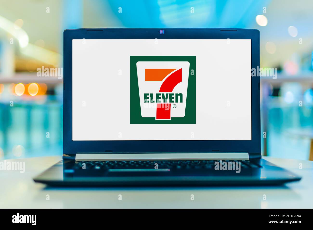 POZNAN, POL - MAY 21, 2020: Laptop computer displaying logo of 7-Eleven ...