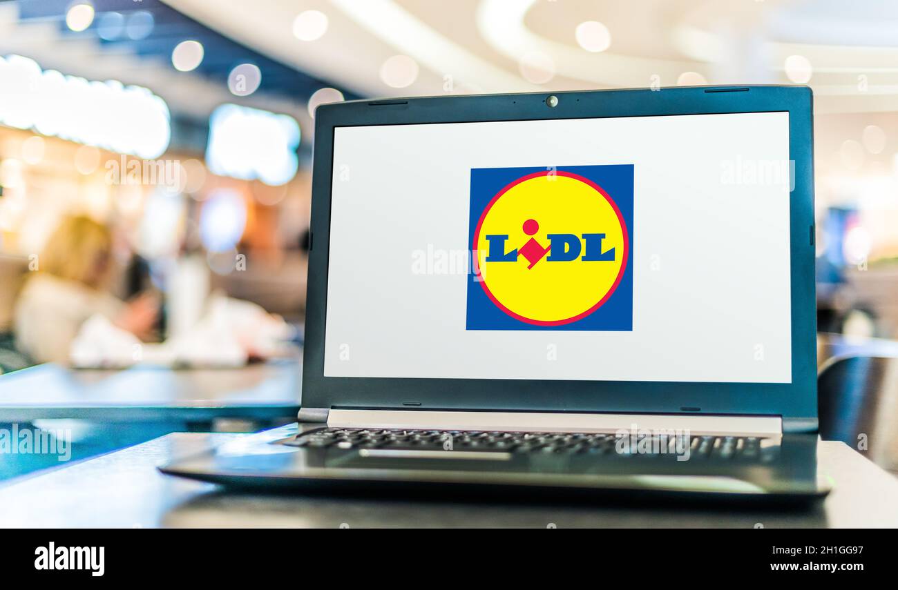POZNAN, POL - MAY 21, 2020: Laptop computer displaying logo of Lidl, a ...