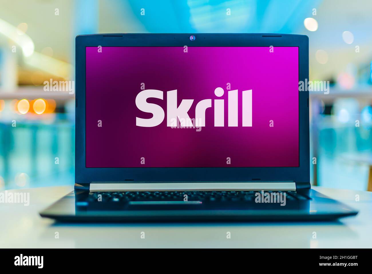 POZNAN, POL - MAY 21, 2020: Laptop computer displaying logo of Skrill ...