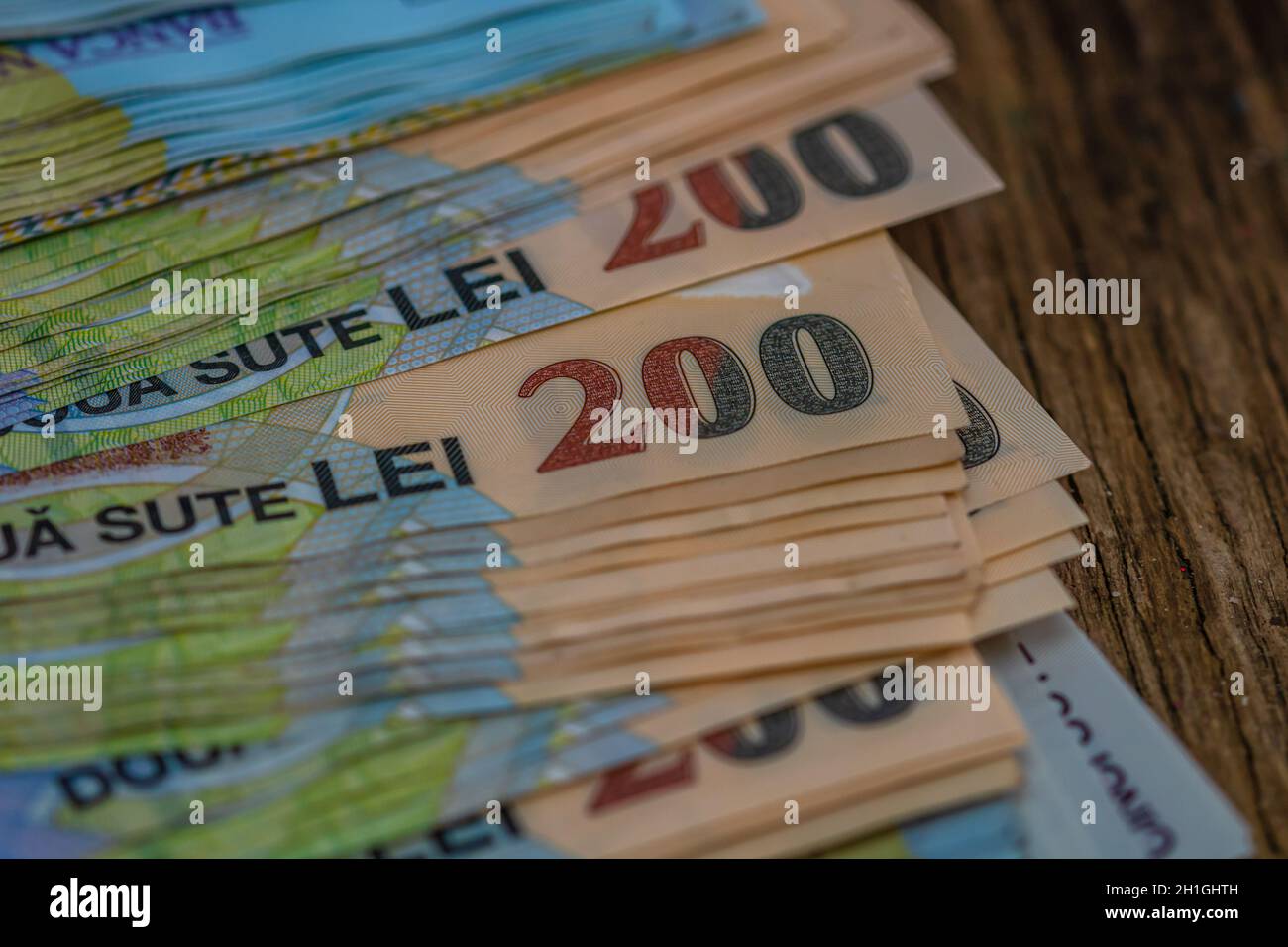Selective focus on stack of LEI romanian money. Lei banknotes isolated ...
